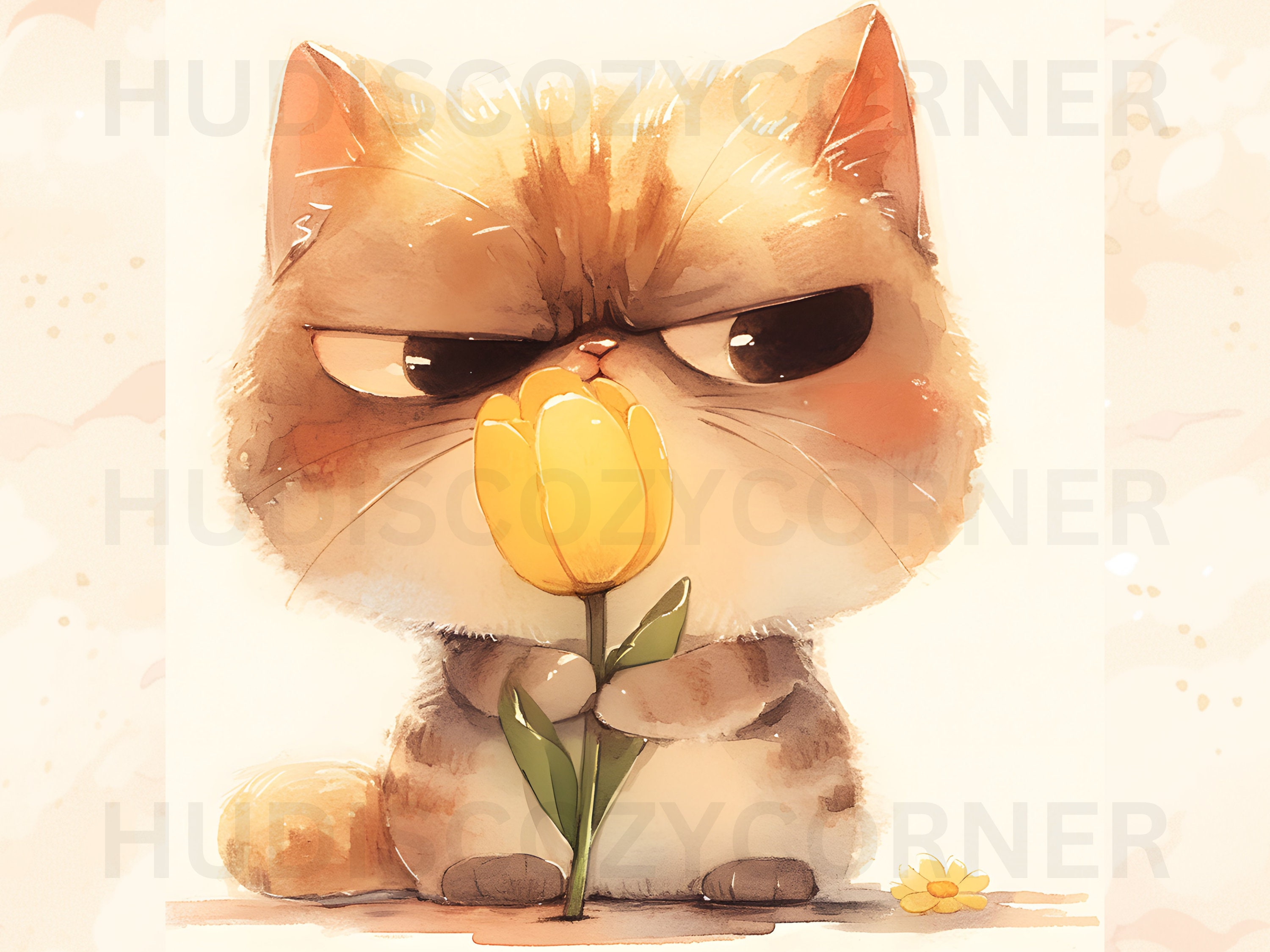 5 Grumpy Flower Cat Clipart, Printable Watercolor JPG Angry Kittens ...