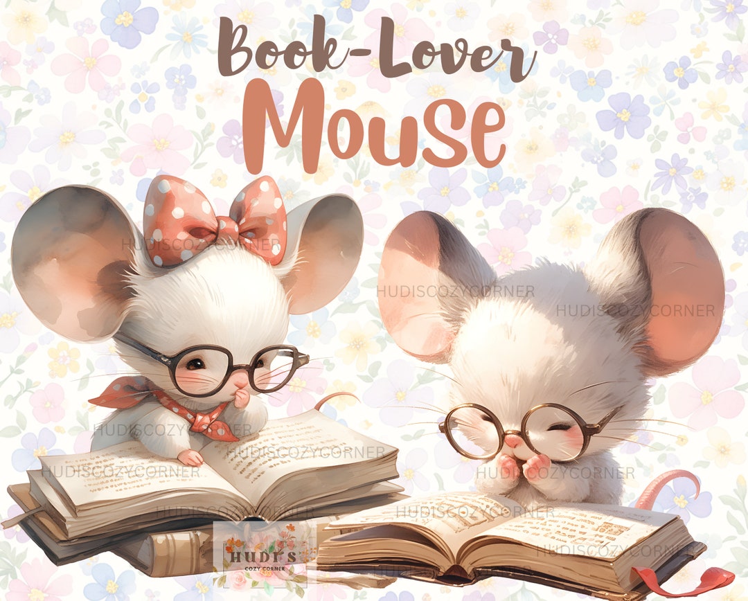 12 Cute Reading Mouse Clipart, Watercolor Cartoon Book Lover Mice ...