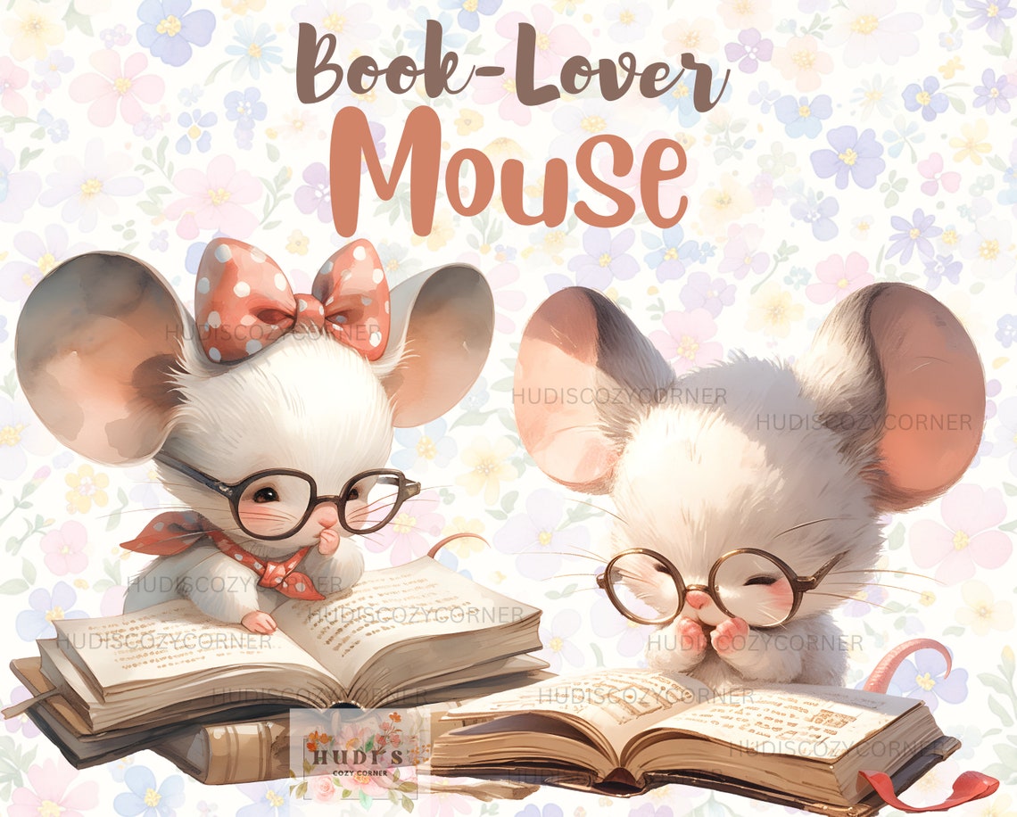 12 Cute Reading Mouse Clipart, Watercolor Cartoon Book Lover Mice ...