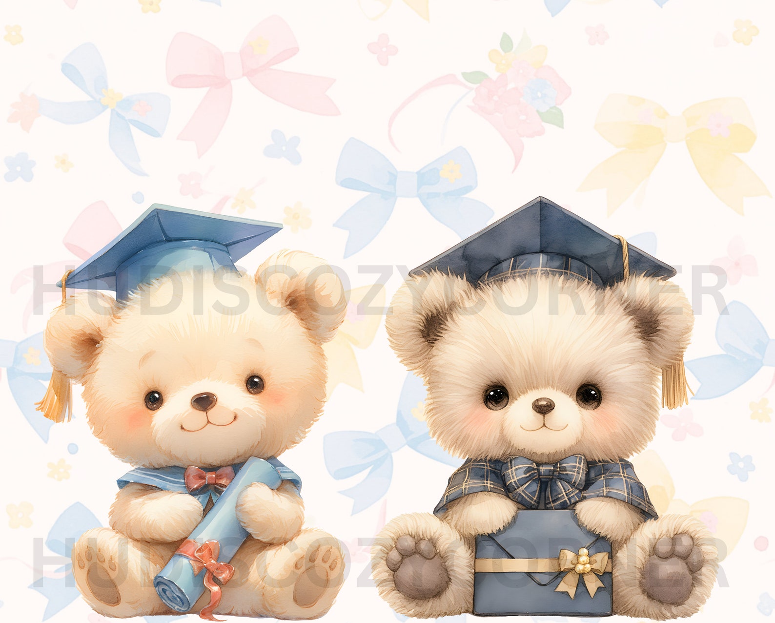 15 Graduating Teddy Bear Clipart Bundle, Watercolor Cute Grad Bear ...