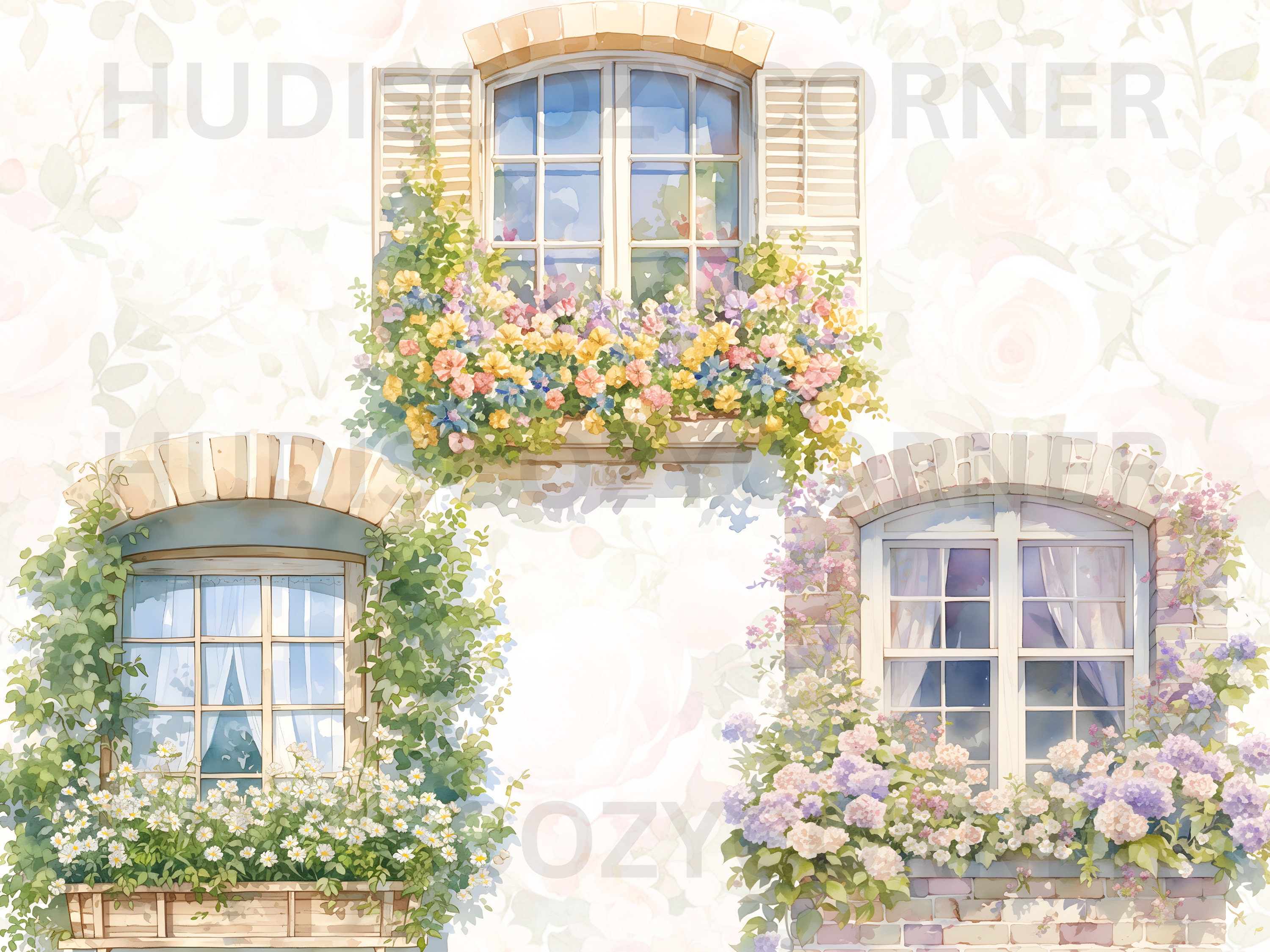 20 Spring Floral Window Clipart, Spring Flower Window View Bundle, Cozy ...