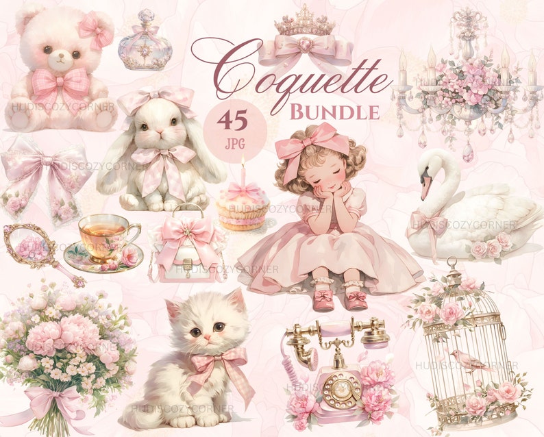45 Coquette Aesthetics Clipart Bundle, Watercolor Vintage Soft Pink ...