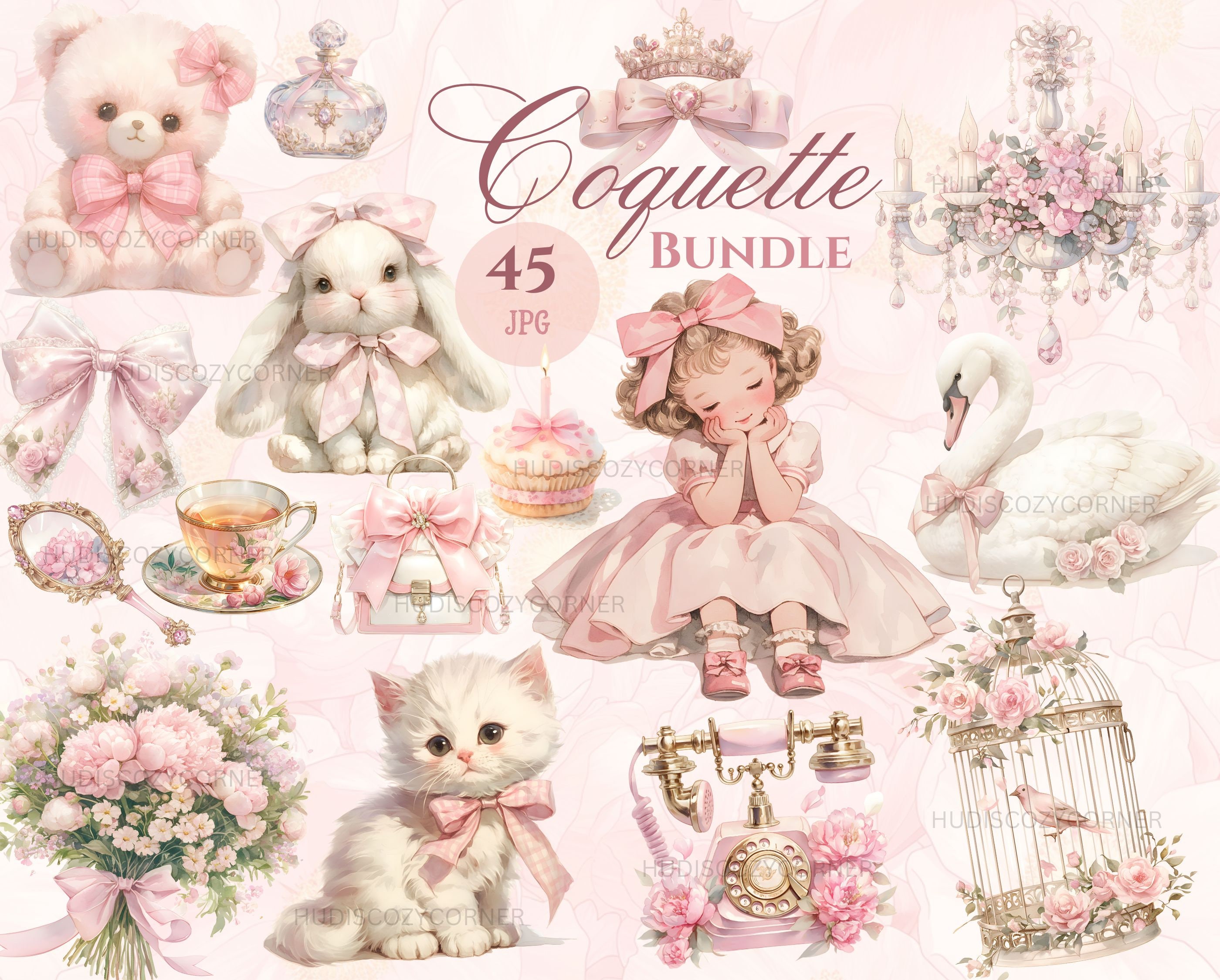 45 Coquette Aesthetics Clipart Bundle, Watercolor Vintage Soft Pink ...