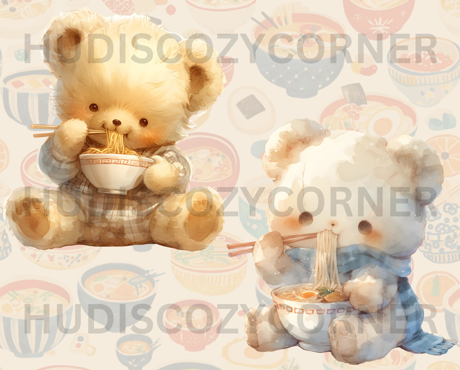 14 Teddy Bear Eating Ramen Clipart Bundle, Watercolor Little Baby ...