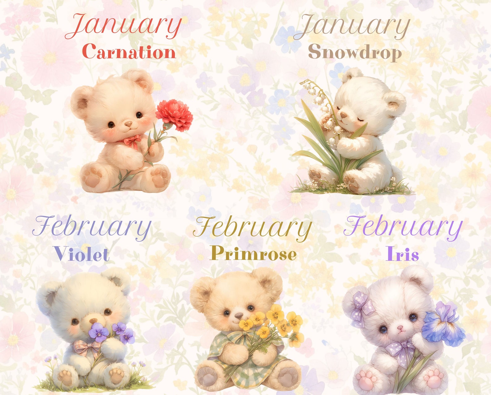 23 Birth Month Flower Teddy Bear Clipart, Watercolor Bears With Flowers ...