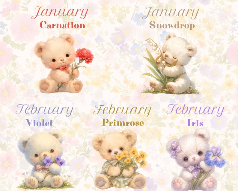 23 Birth Month Flower Teddy Bear Clipart, Watercolor Bears With Flowers ...