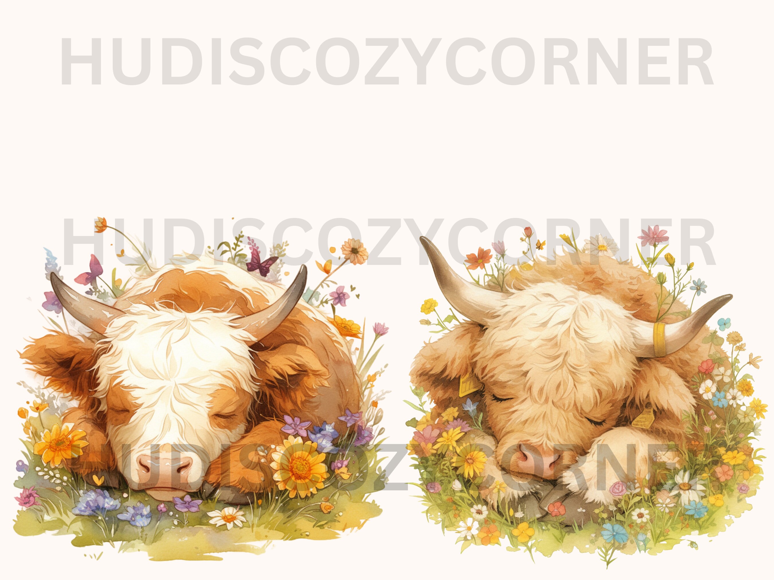 4 Baby Watercolor Sleeping Highland Cow Clipart PNG, Cute Animal ...