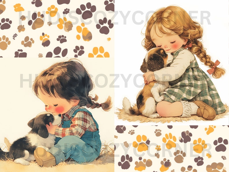 11 Cute Girl With Puppy Clipart, Watercolor Vintage Friendship Bundle ...