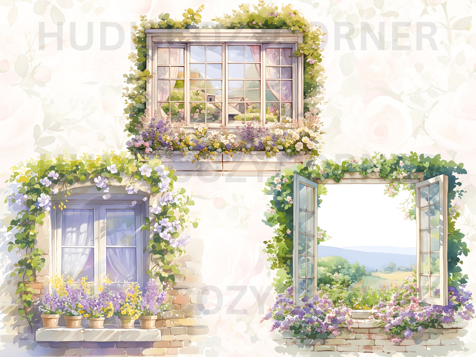 20 Spring Floral Window Clipart, Spring Flower Window View Bundle, Cozy ...