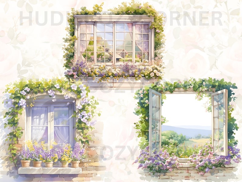 20 Spring Floral Window Clipart, Spring Flower Window View Bundle, Cozy ...