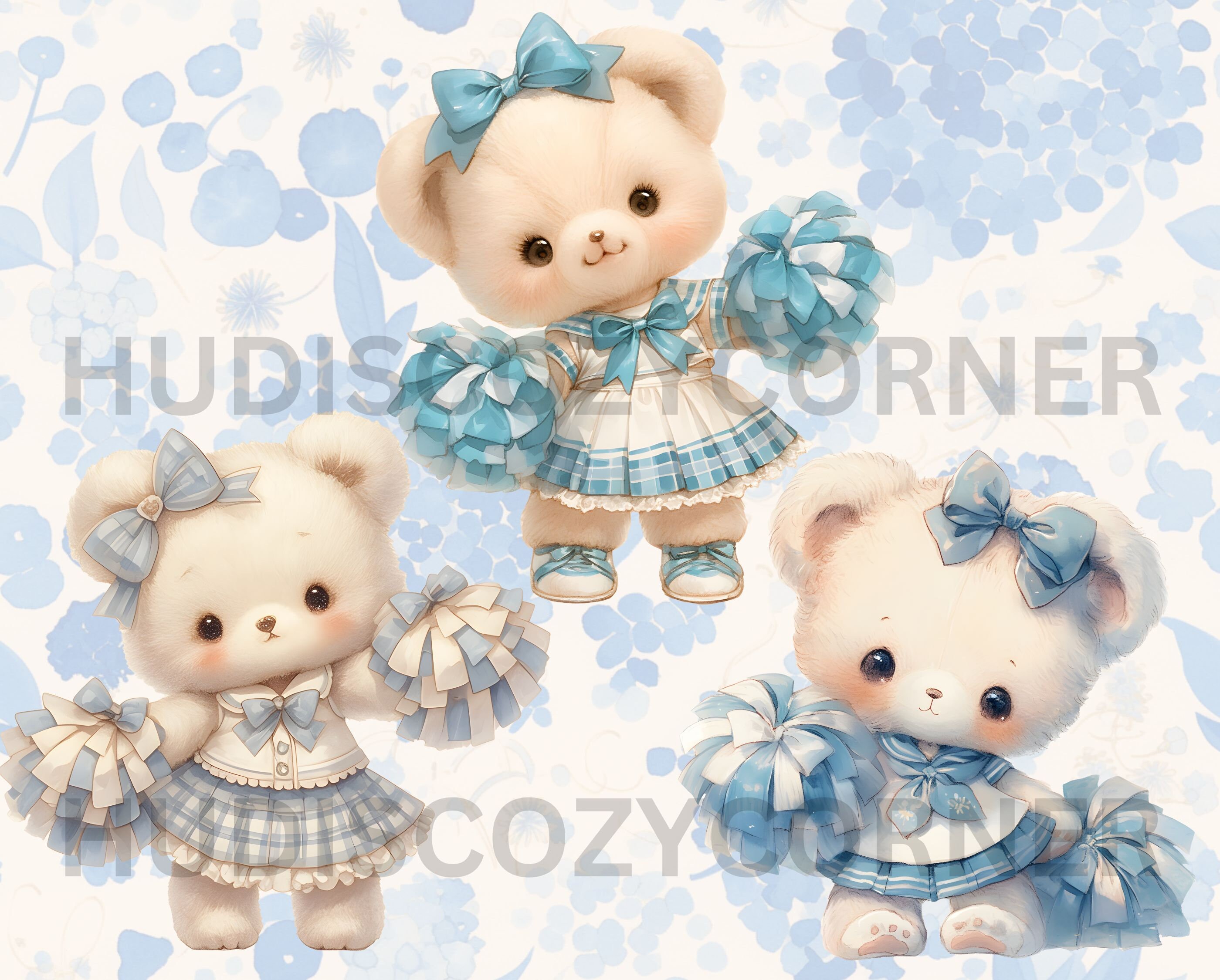 12 Cheerleader Teddy Bear Clipart, Watercolor Blue and White Cheer Pom ...
