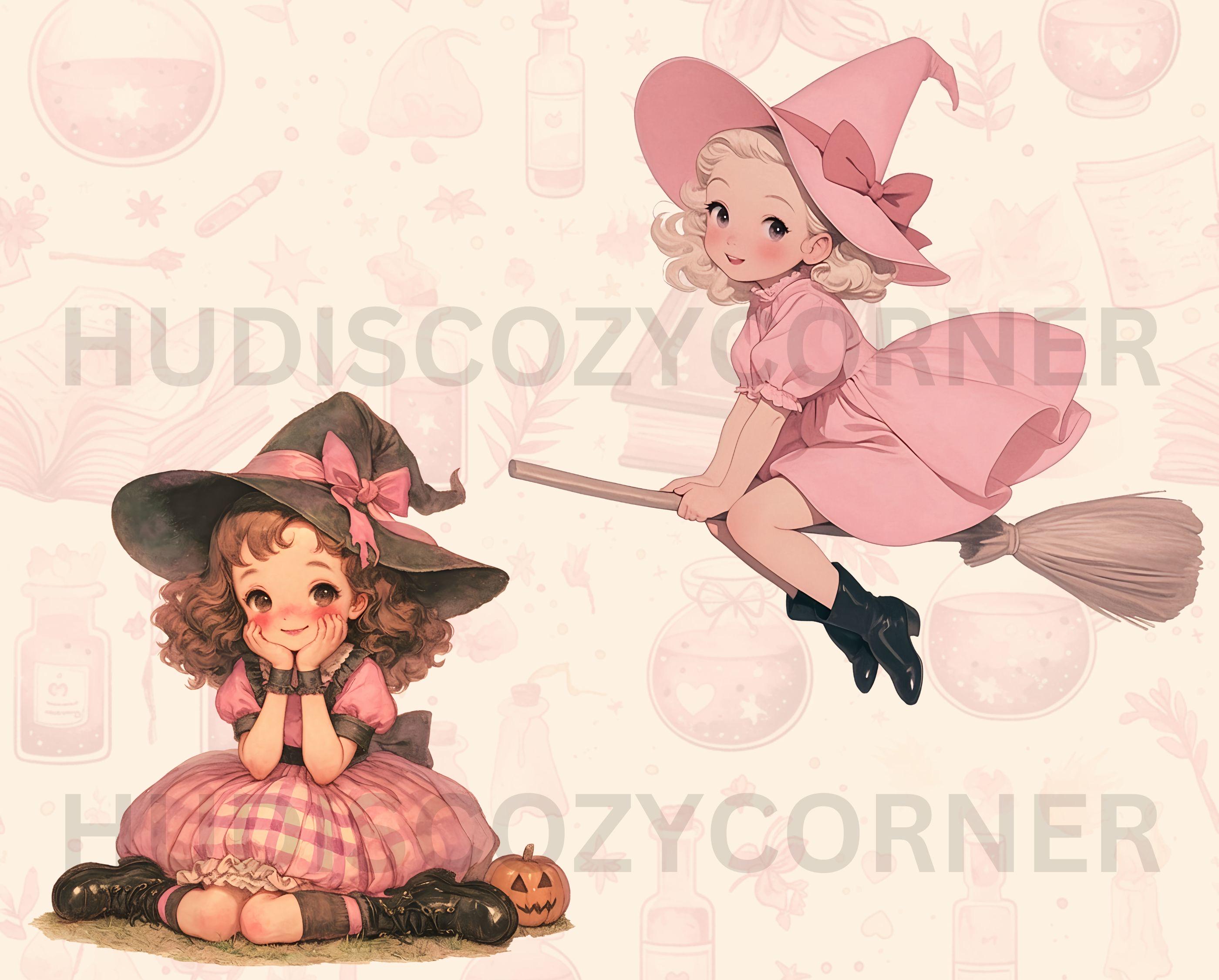 13 Vintage Pink Witch Clipart Bundle, Watercolor Pink and Black ...