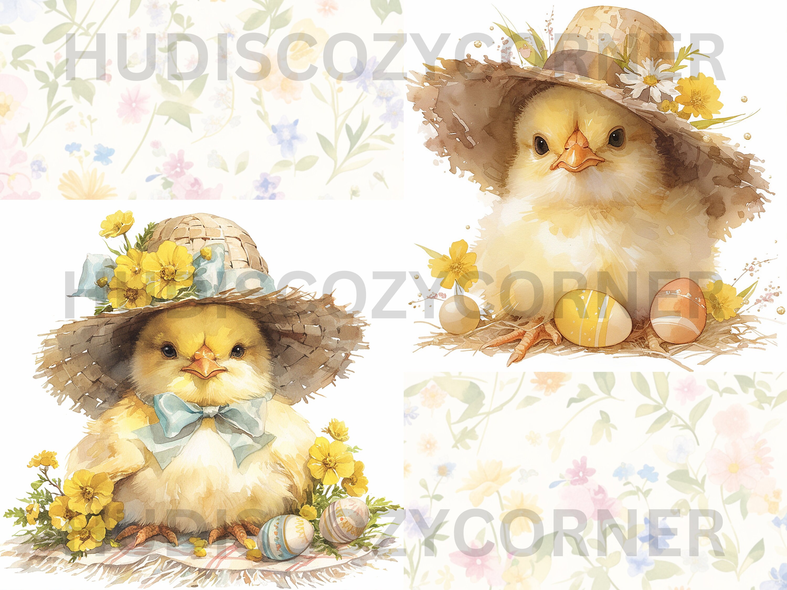 8 Chicks With Easter Bonnets Clipart Bundle, Watercolor Spring Flowers ...