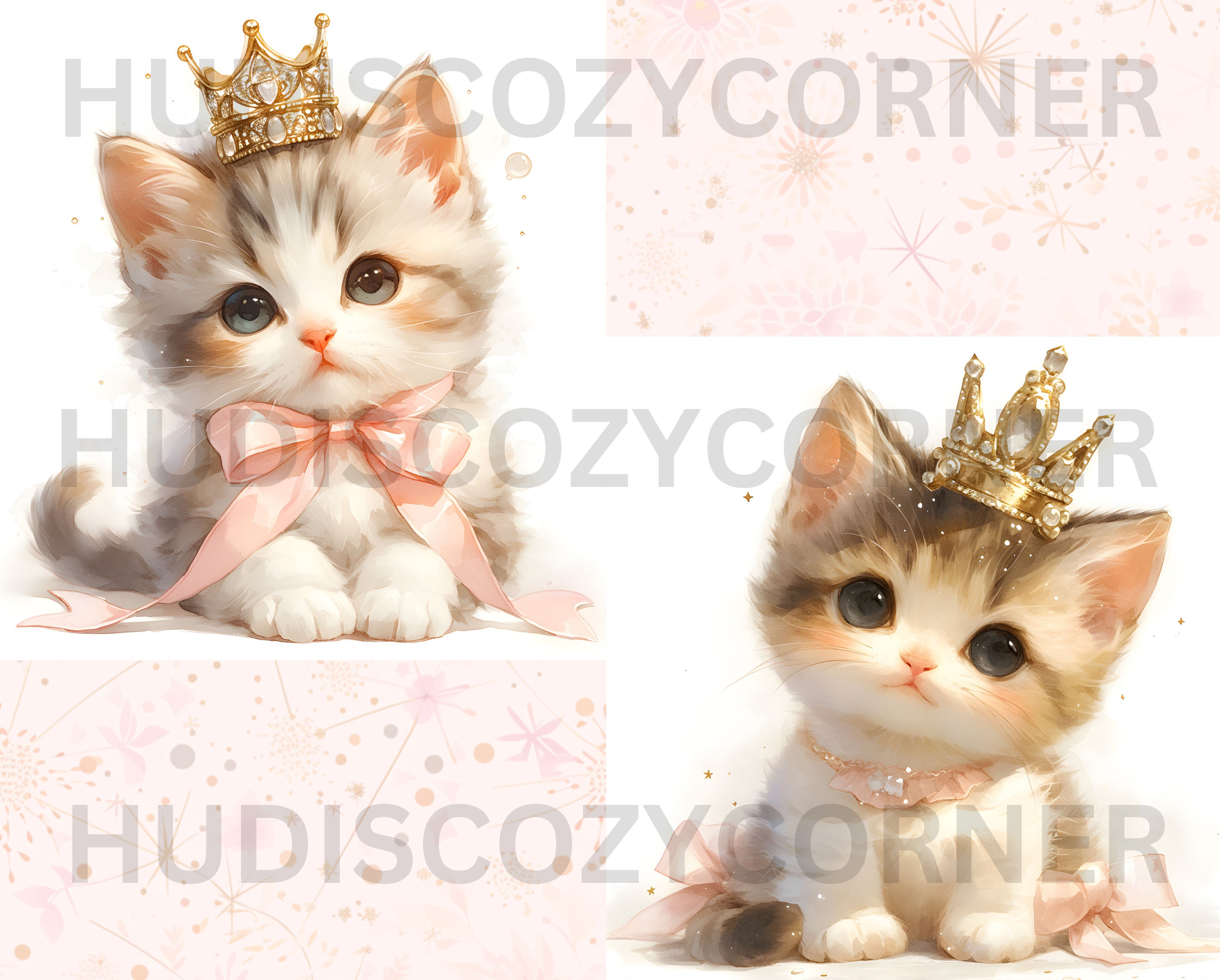 9 Cute Tiara Kitten Clipart Bundle, Watercolor Royal Baby Kittens With ...