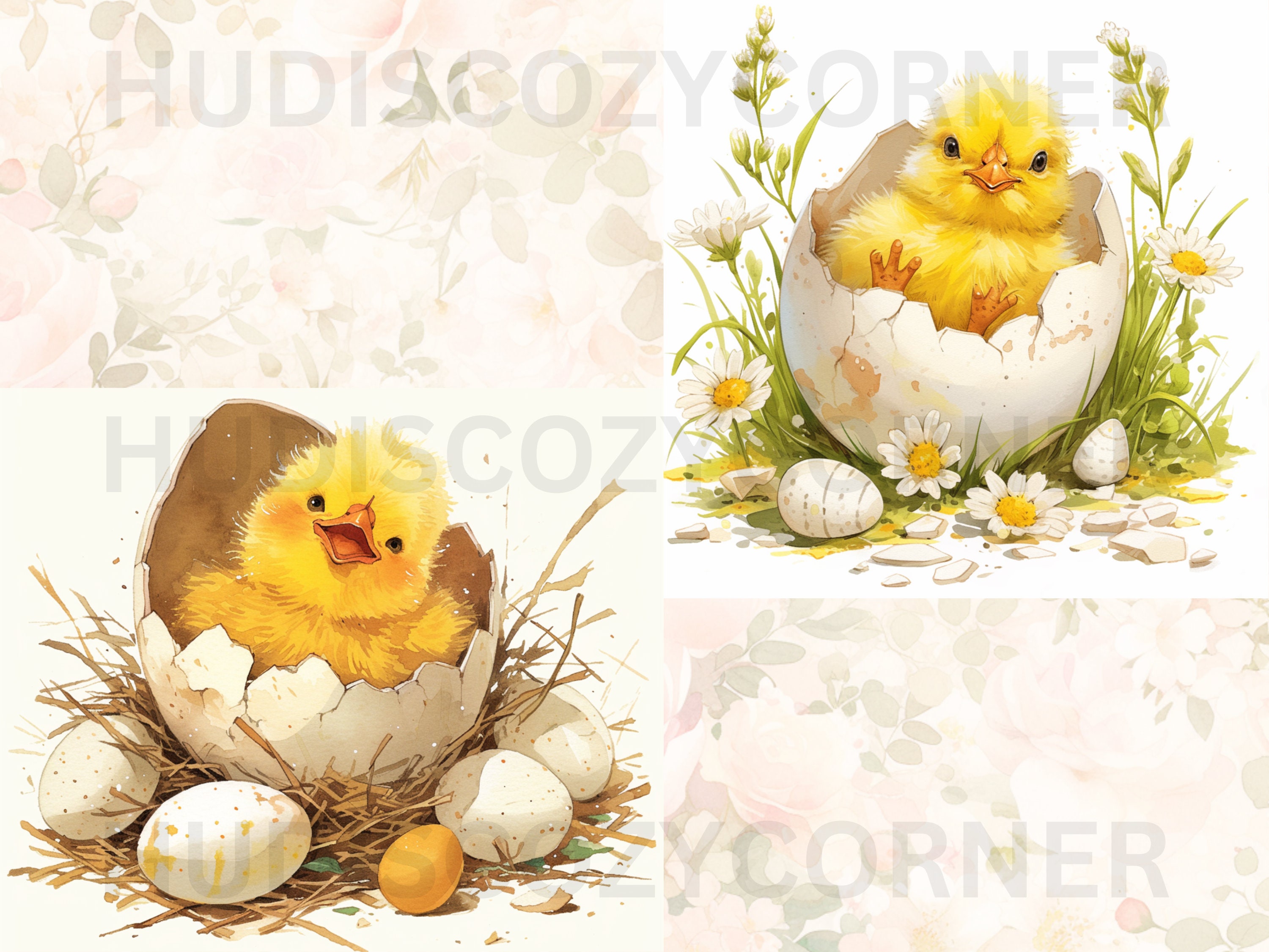 9 Fluffy Easter Hatching Chick Clipart, Spring Flowers and Eggs ...