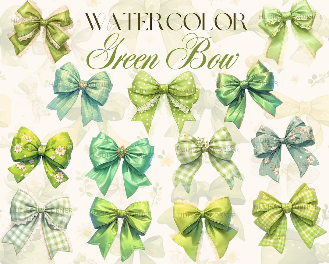 30 Cute Green Gingham Bow Clipart Bundle, Watercolor Green and Emerald ...
