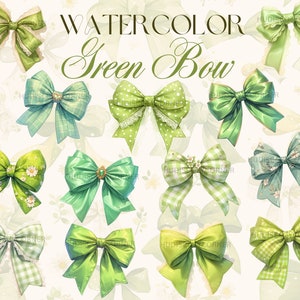30 Cute Green Gingham Bow Clipart Bundle, Watercolor Green and Emerald ...