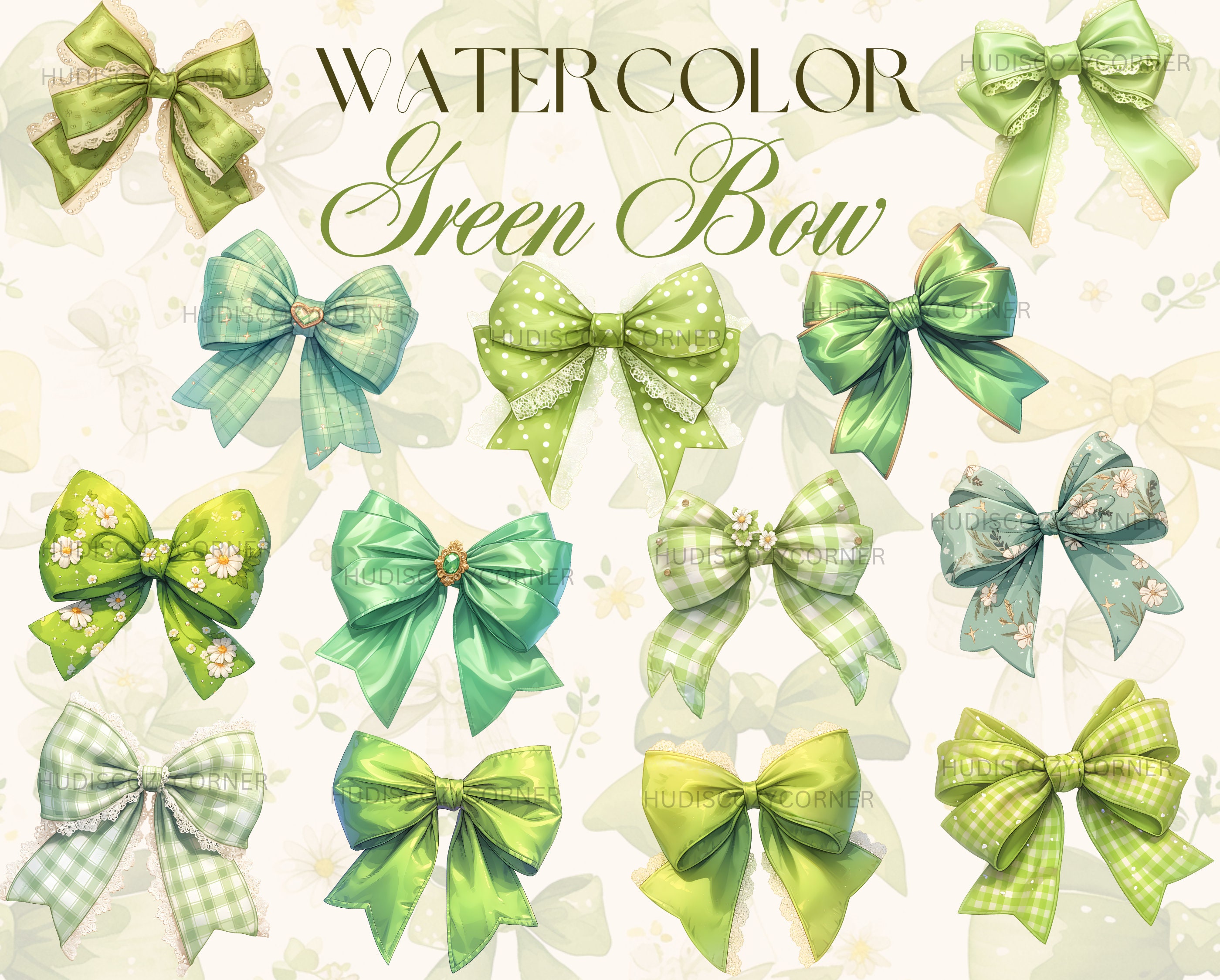 30 Cute Green Gingham Bow Clipart Bundle, Watercolor Green and Emerald ...