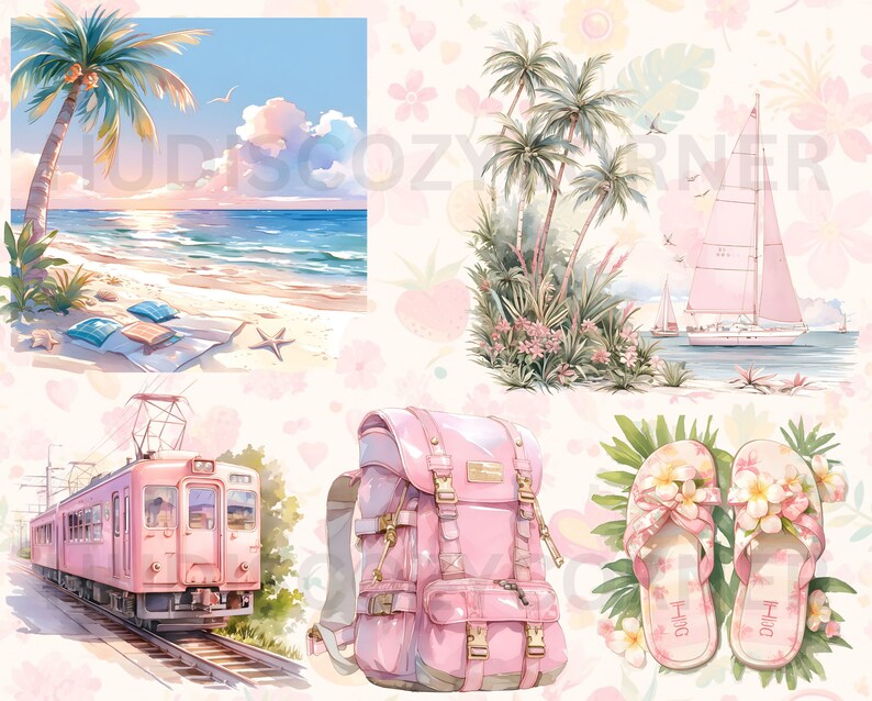 35 Pink Vacation Clipart Bundle, Coquette Aesthetics, Watercolor Soft ...
