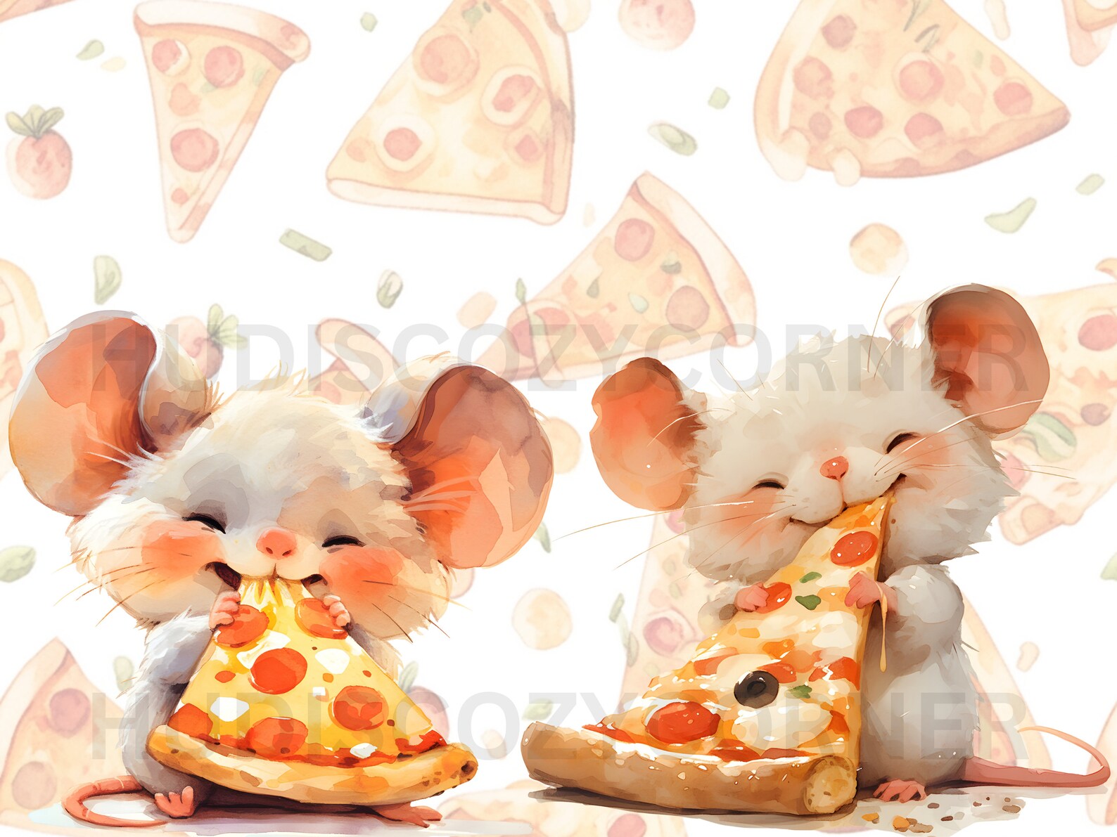 10 Cute Mice Eating Pizza Clipart, Printable Watercolor Mouse Bundle ...
