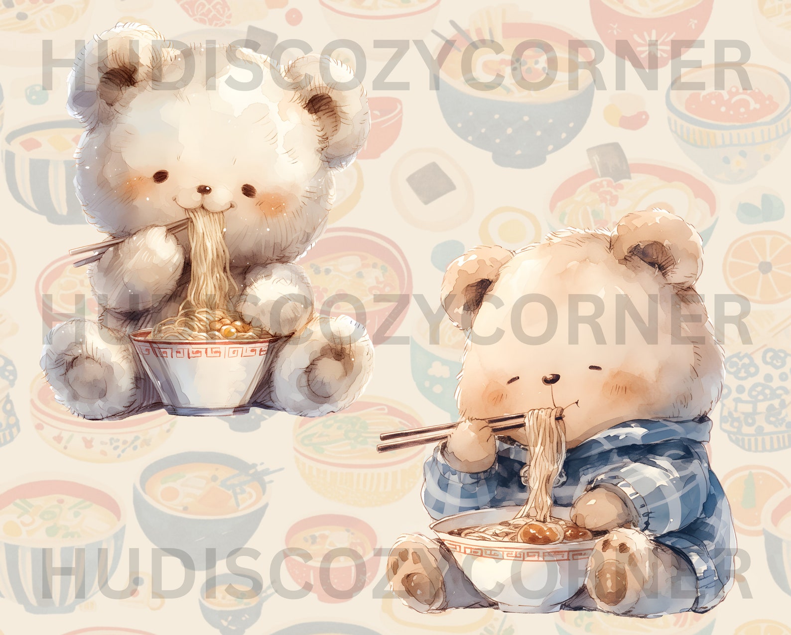 14 Teddy Bear Eating Ramen Clipart Bundle, Watercolor Little Baby ...