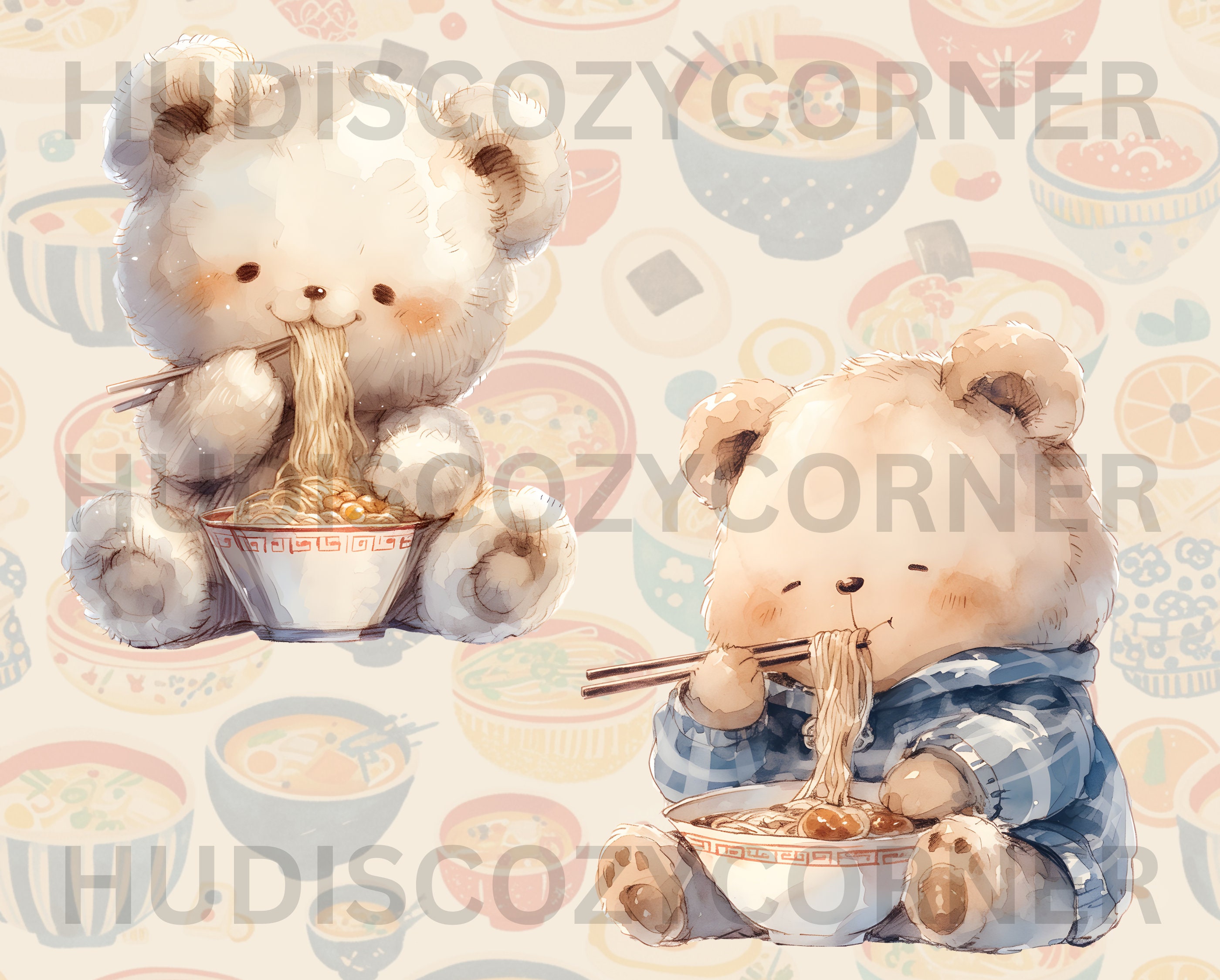 14 Teddy Bear Eating Ramen Clipart Bundle, Watercolor Little Baby ...