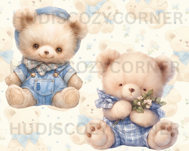16 Teddy Bear in Denim Clipart Bundle, Watercolor Vintage Teddies ...