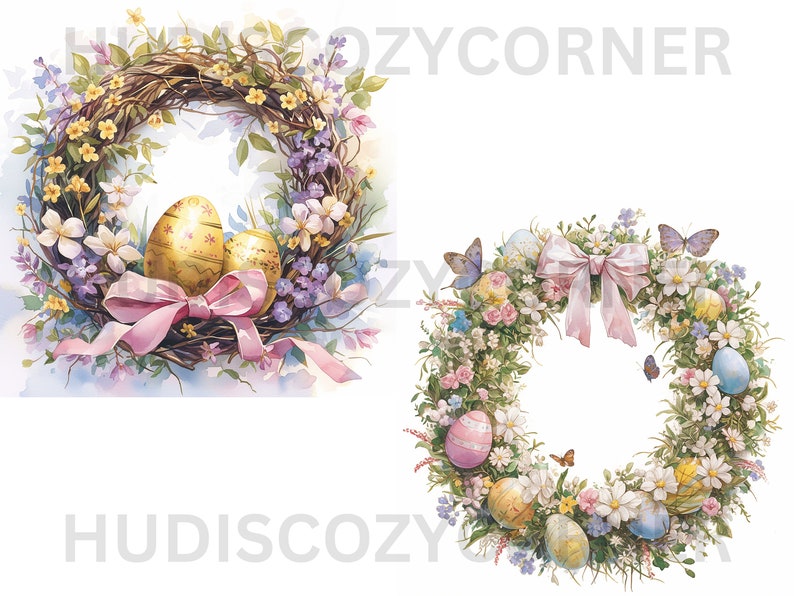 8 Easter Wreath Clipart, Watercolor Easter Egg Floral Spring Wreaths ...