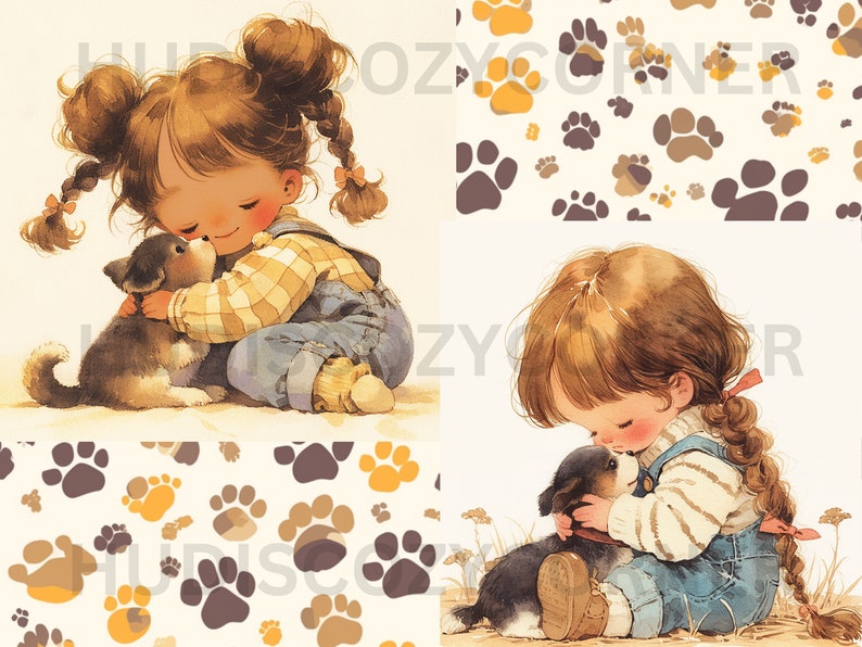 11 Cute Girl With Puppy Clipart, Watercolor Vintage Friendship Bundle ...
