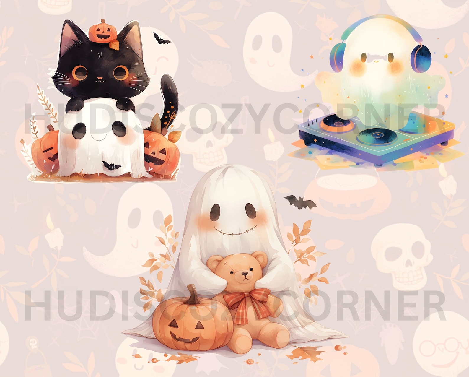 18 Cute Halloween Ghost Clipart Bundle, Watercolor Orange and Purple ...