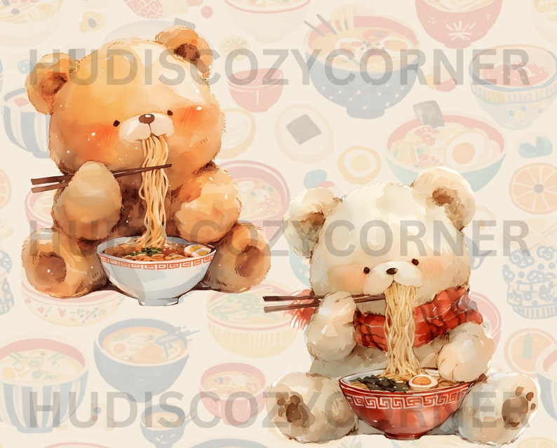 14 Teddy Bear Eating Ramen Clipart Bundle, Watercolor Little Baby ...