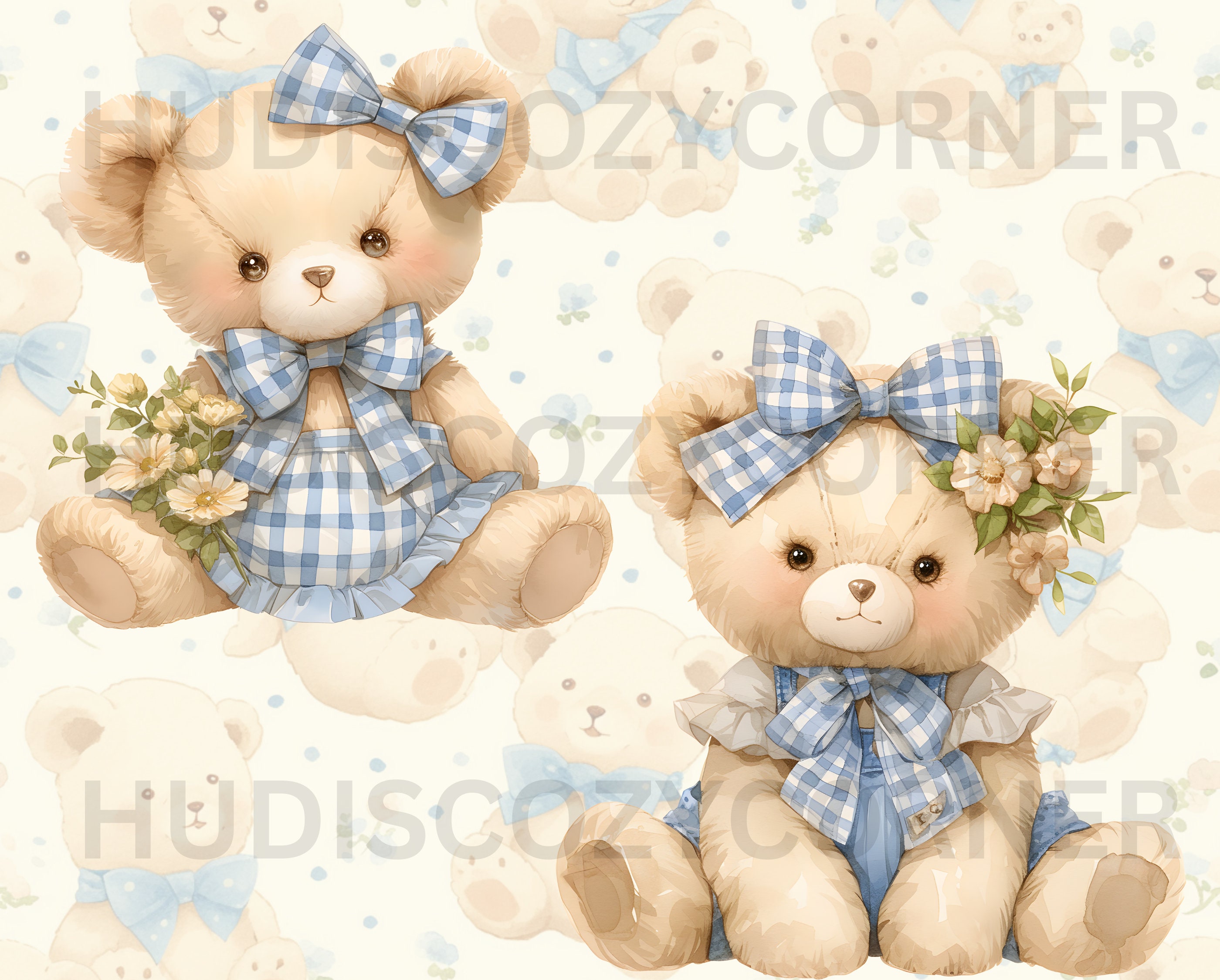 16 Teddy Bear in Denim Clipart Bundle, Watercolor Vintage Teddies ...