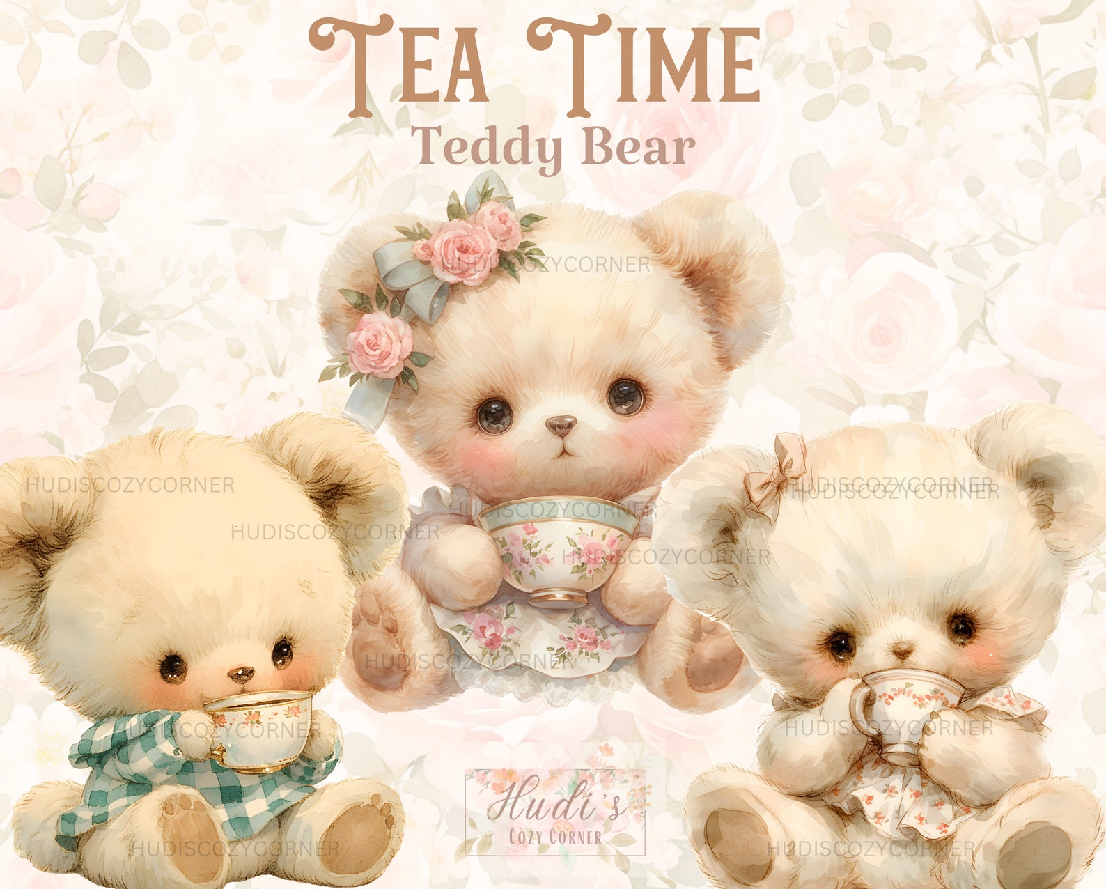 13 Vintage Tea Time Teddy Clipart Bundle, Watercolor Nursery Teddy Bear ...