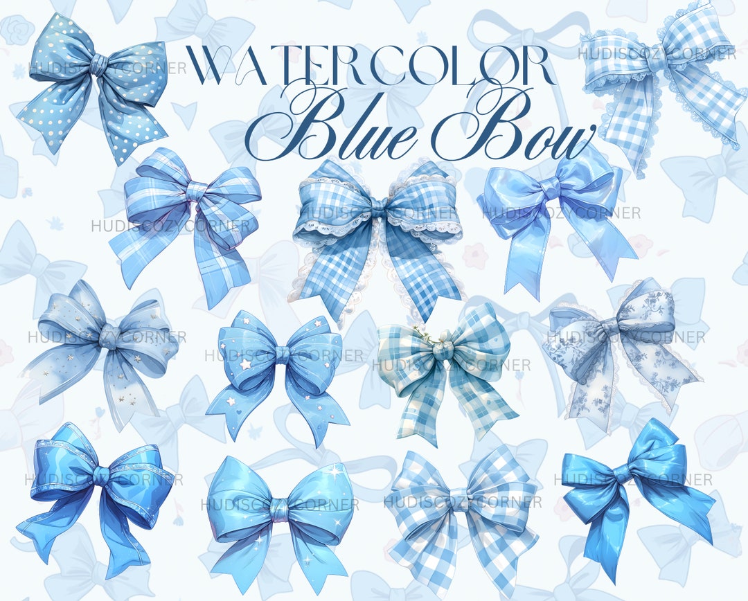 32 Cute Blue Gingham Bow Clipart Bundle, Watercolor Blue Lace and Satin ...