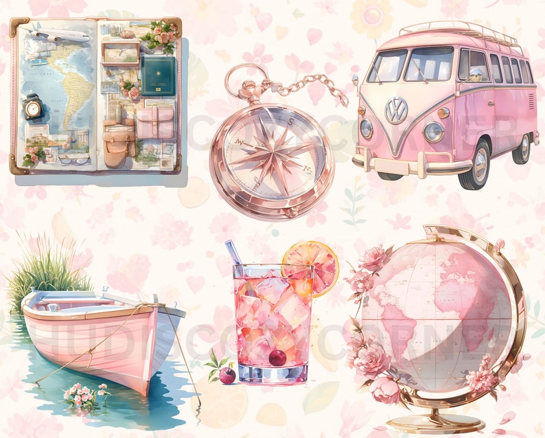 35 Pink Vacation Clipart Bundle, Coquette Aesthetics, Watercolor Soft ...