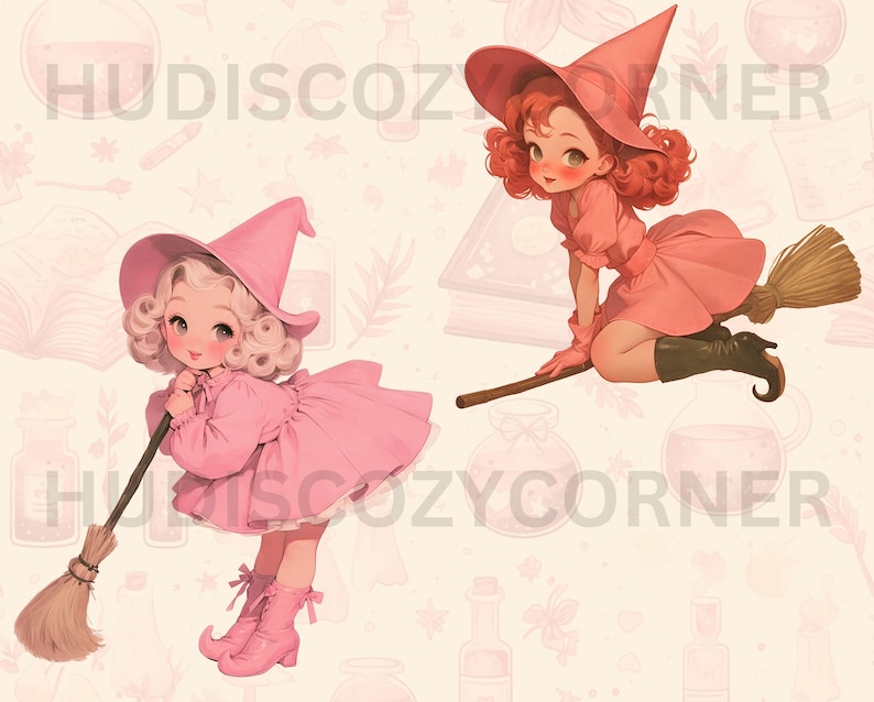 13 Vintage Pink Witch Clipart Bundle, Watercolor Pink and Black ...