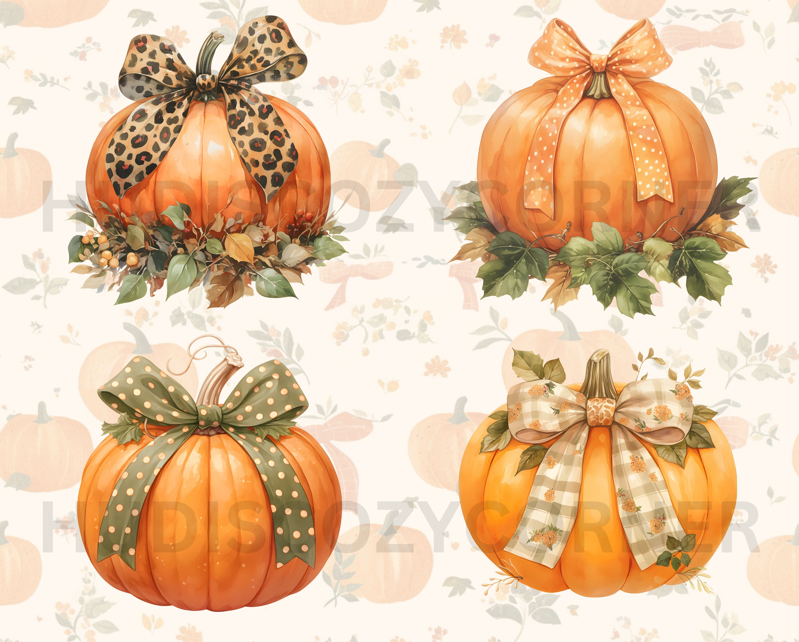 16 Fall Pumpkin With Bow Clipart Bundle, Watercolor Cozy Autumn ...