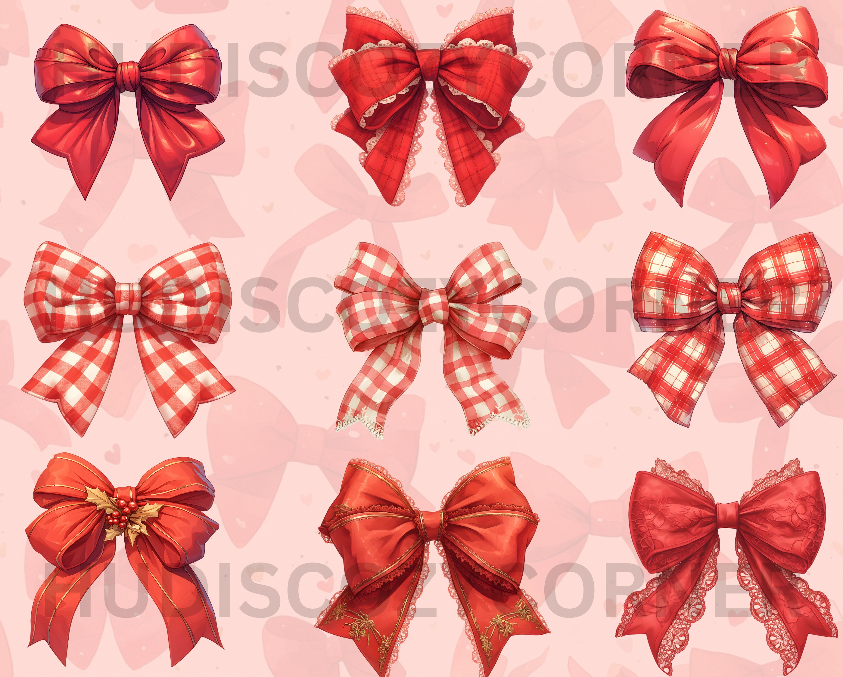 30 Cute Red Gingham Bow Clipart Bundle, Watercolor Red Coquette Bows ...