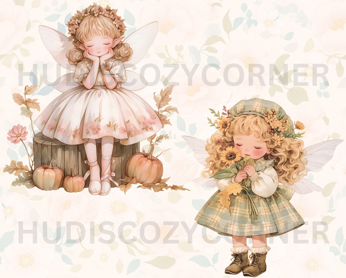 11 Vintage Autumn Garden Fairy Clipart, Cute Watercolor Fantasy Fairy ...