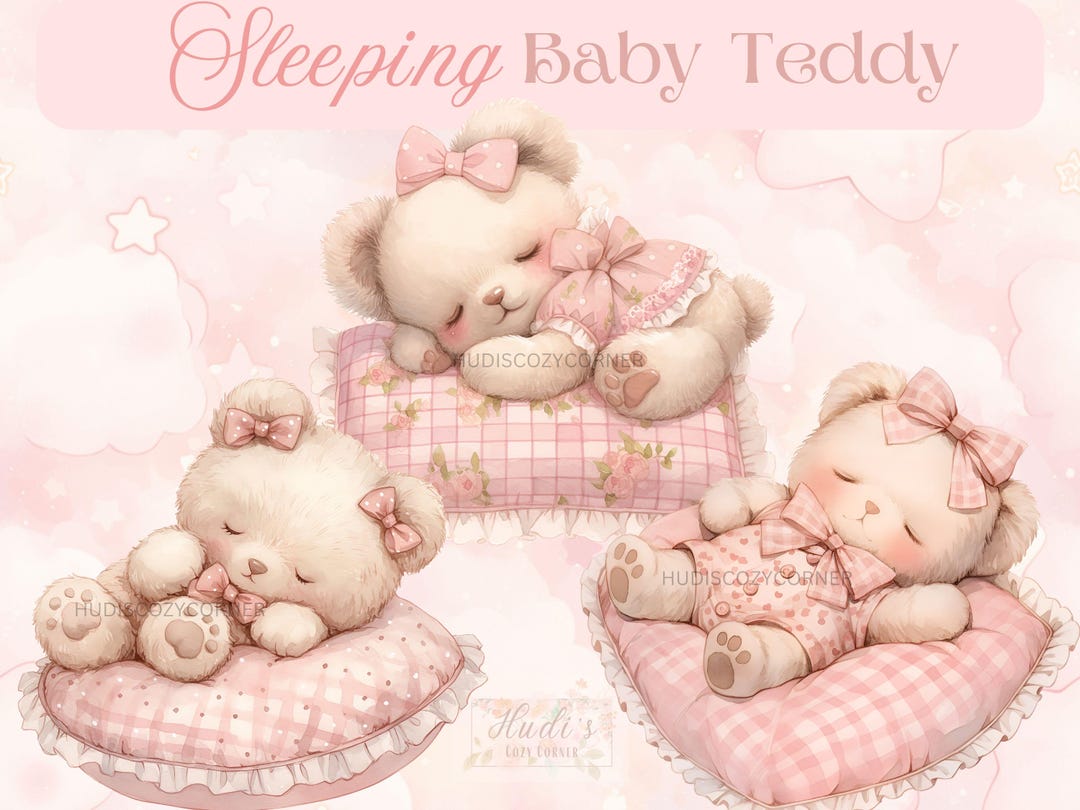 17 Cute Sleeping Teddy Bear Clipart Bundle, Watercolor Pink Teddies on ...