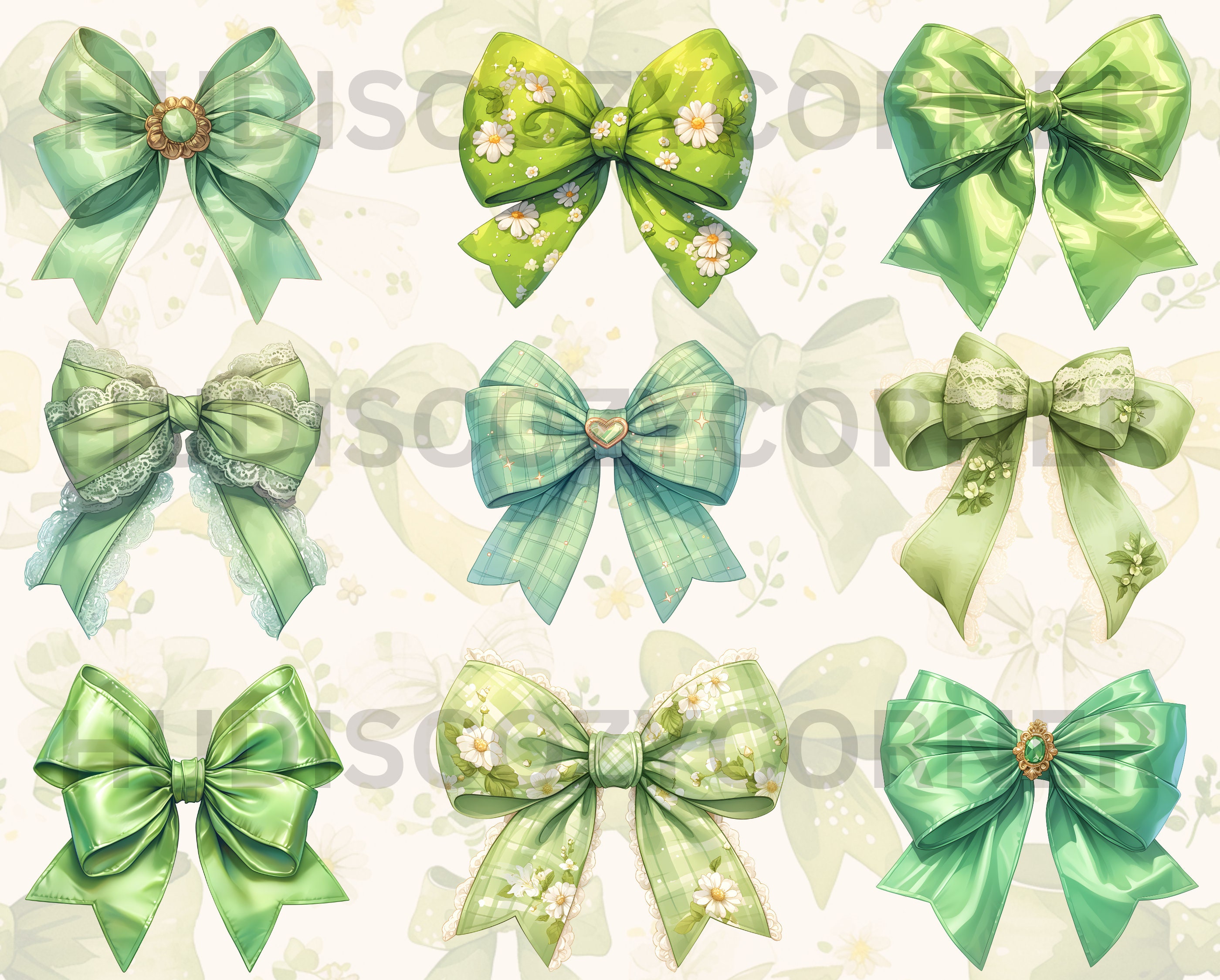 30 Cute Green Gingham Bow Clipart Bundle, Watercolor Green and Emerald ...