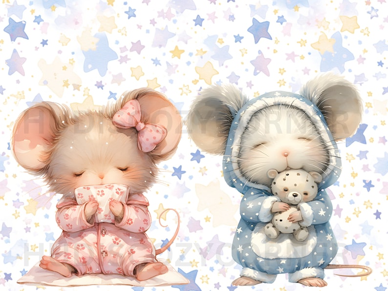 8 Cute Mouse in Pajama Clipart, Watercolor Mice in Pajamas Bundle, PNG ...