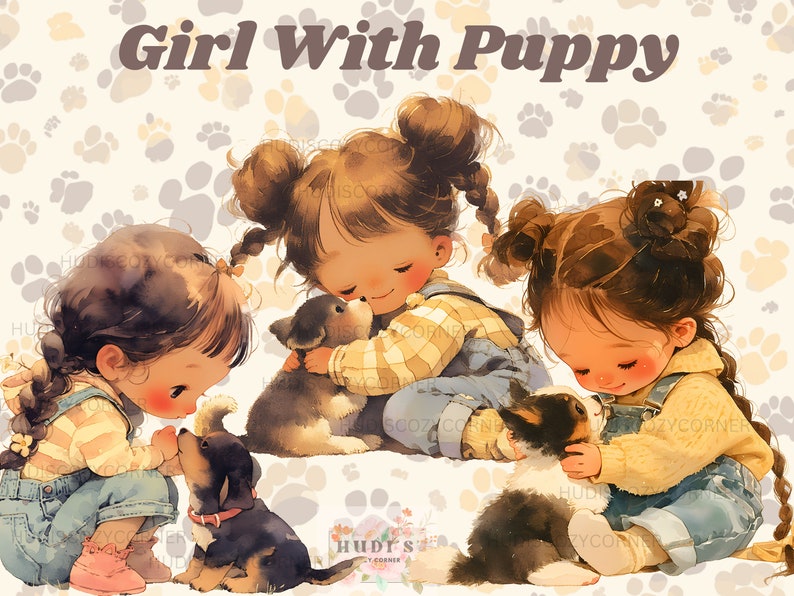 11 Cute Girl With Puppy Clipart, Watercolor Vintage Friendship Bundle ...