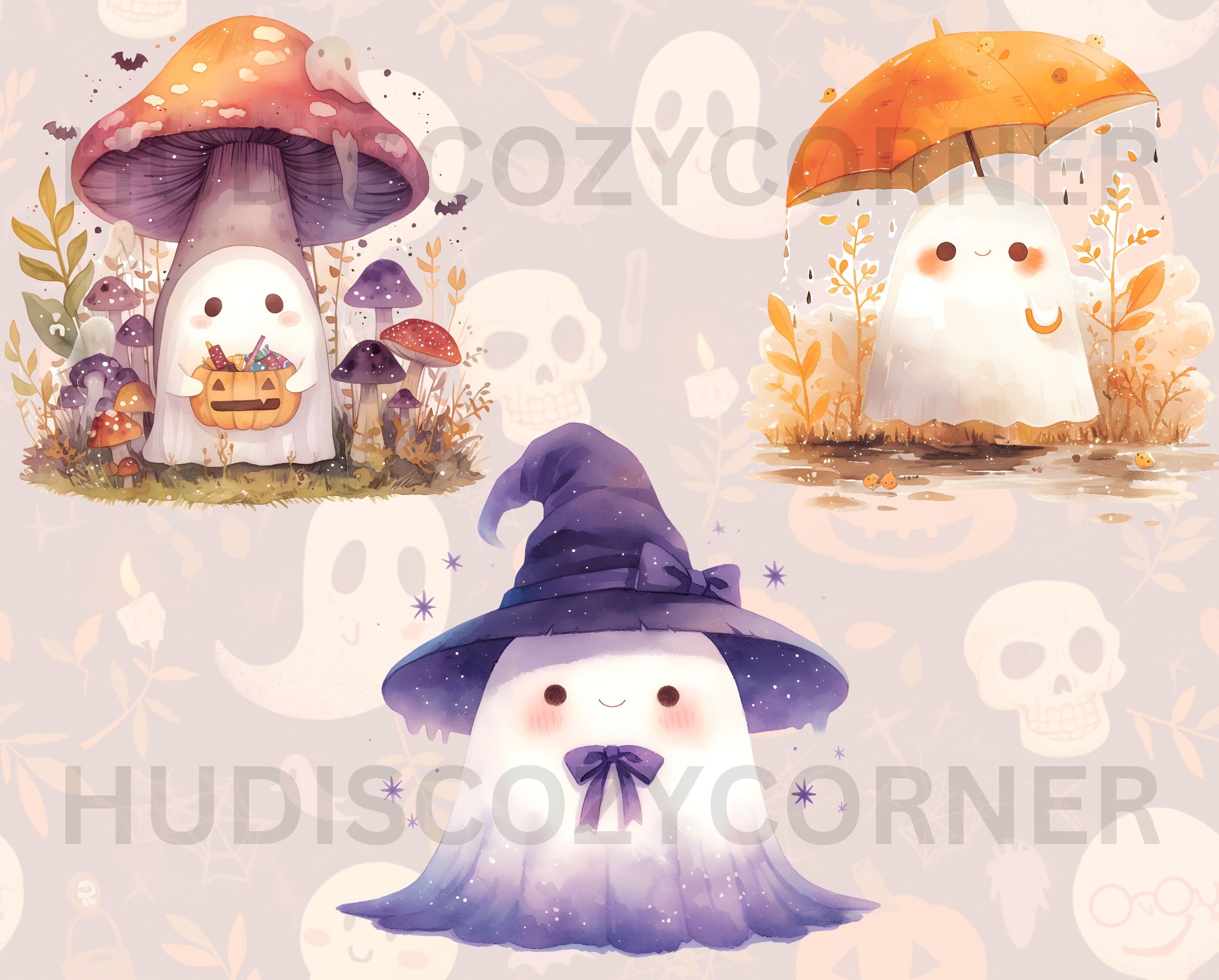 18 Cute Halloween Ghost Clipart Bundle, Watercolor Orange and Purple ...