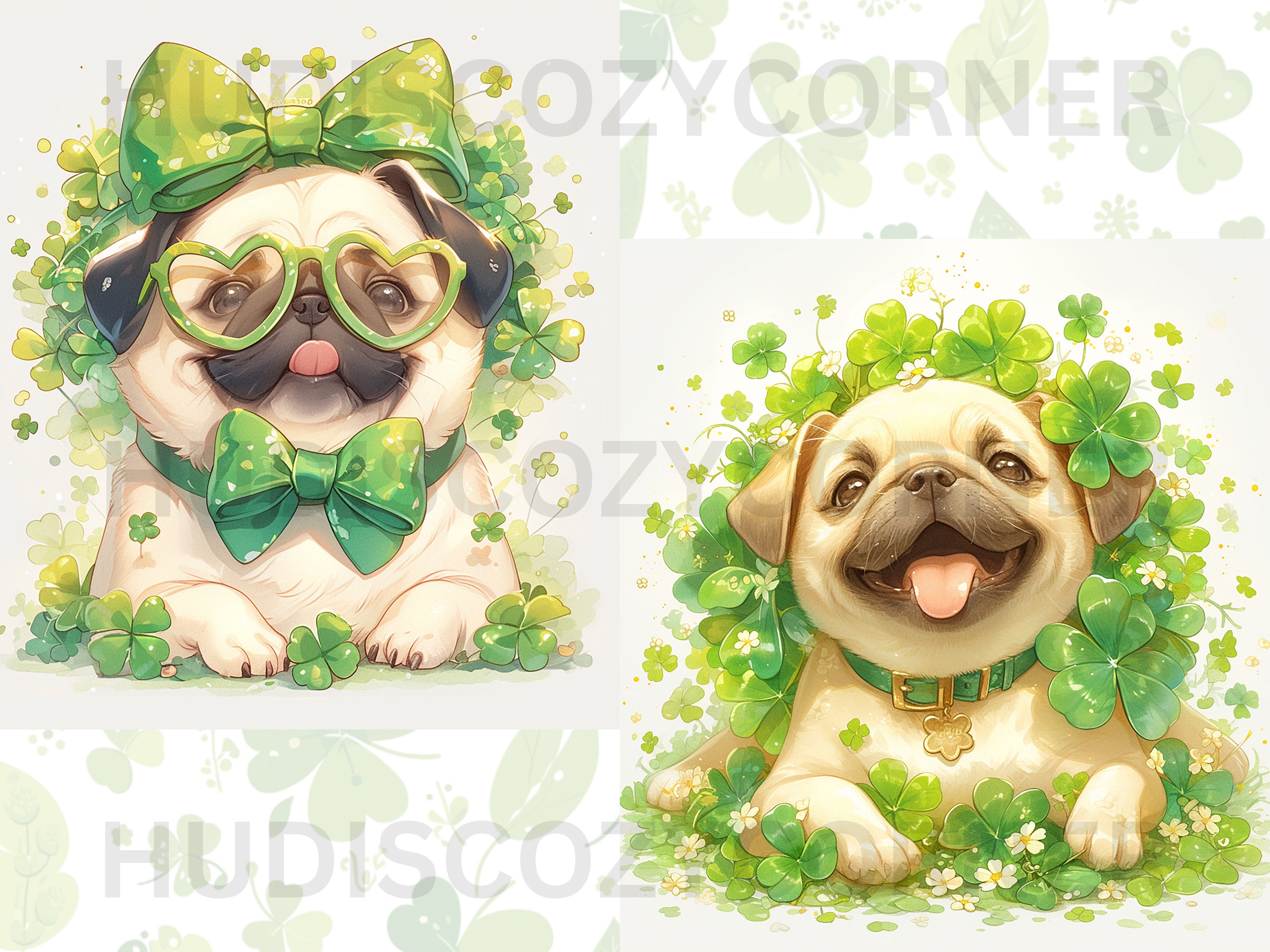 12 Cute St Patricks Day Pug Clipart Bundle, Watercolor Jpg Puppy Image ...