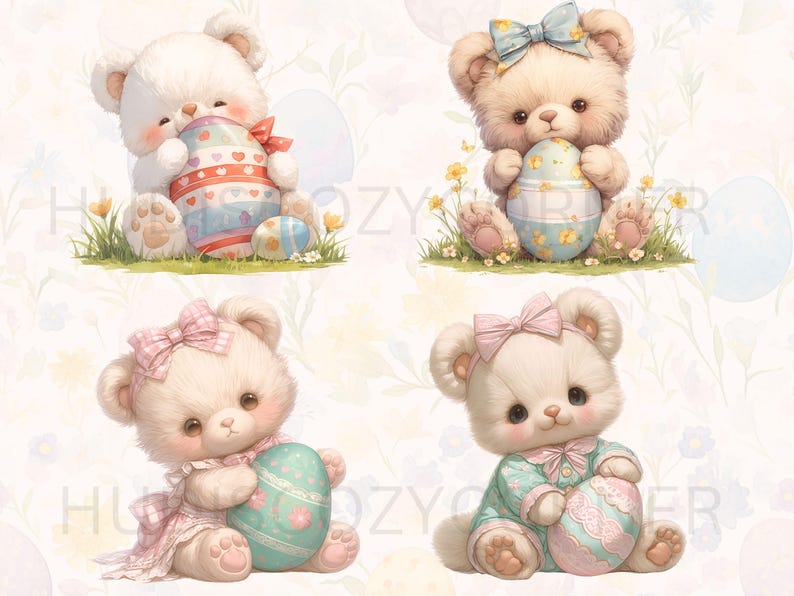23 Cute Teddy Bear With Easter Egg Clipart, Watercolor Pastel Spring ...