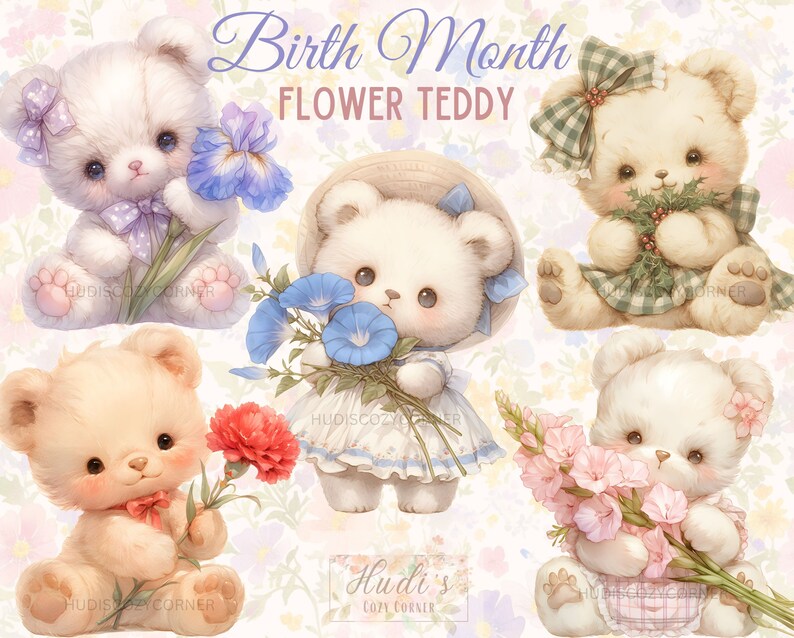 23 Birth Month Flower Teddy Bear Clipart, Watercolor Bears With Flowers ...