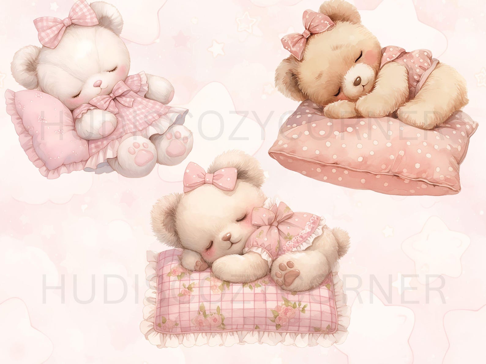 17 Cute Sleeping Teddy Bear Clipart Bundle, Watercolor Pink Teddies on ...