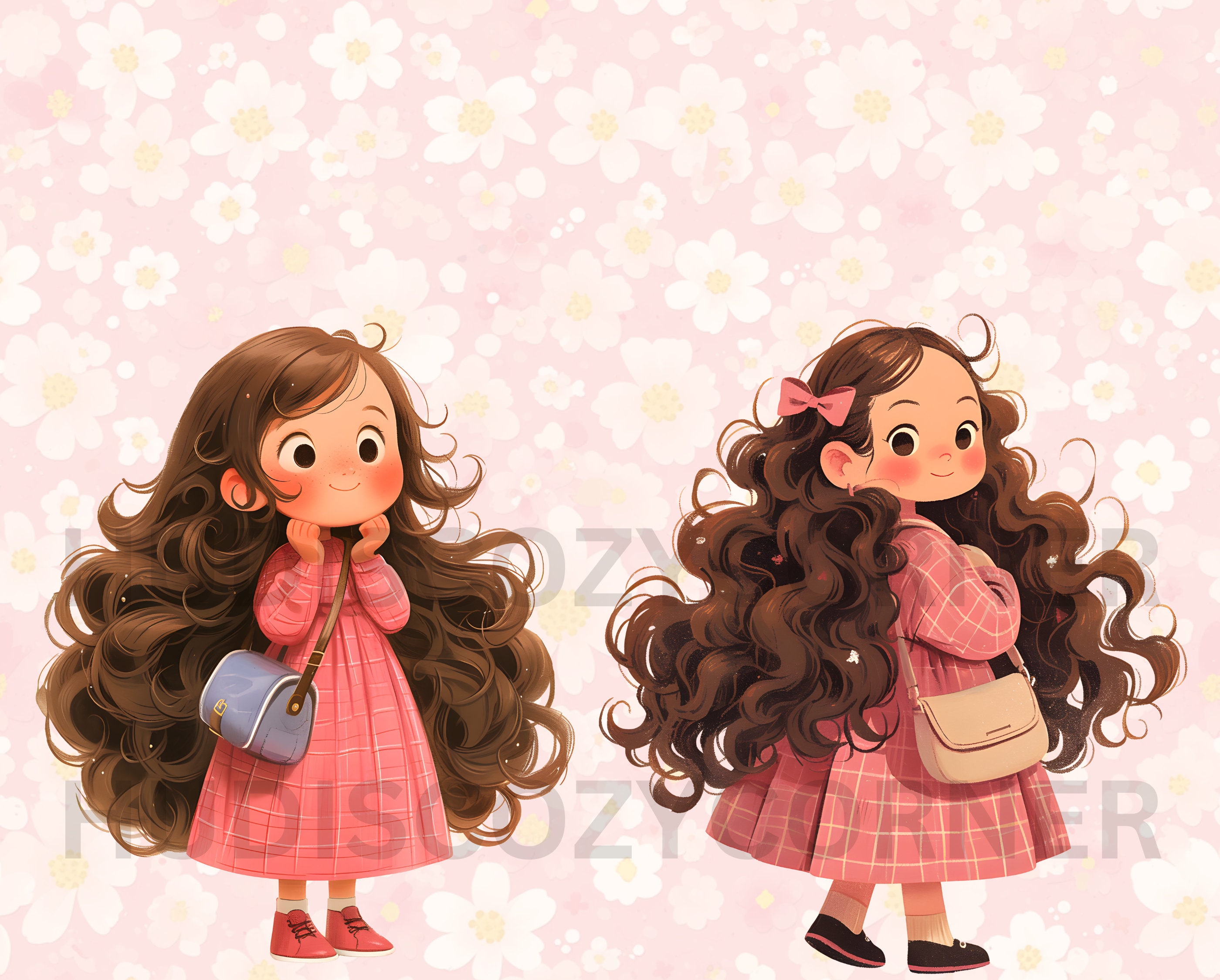 10 Cute Girl in Pink With Curls Clipart Bundle, Watercolor Little Girls ...