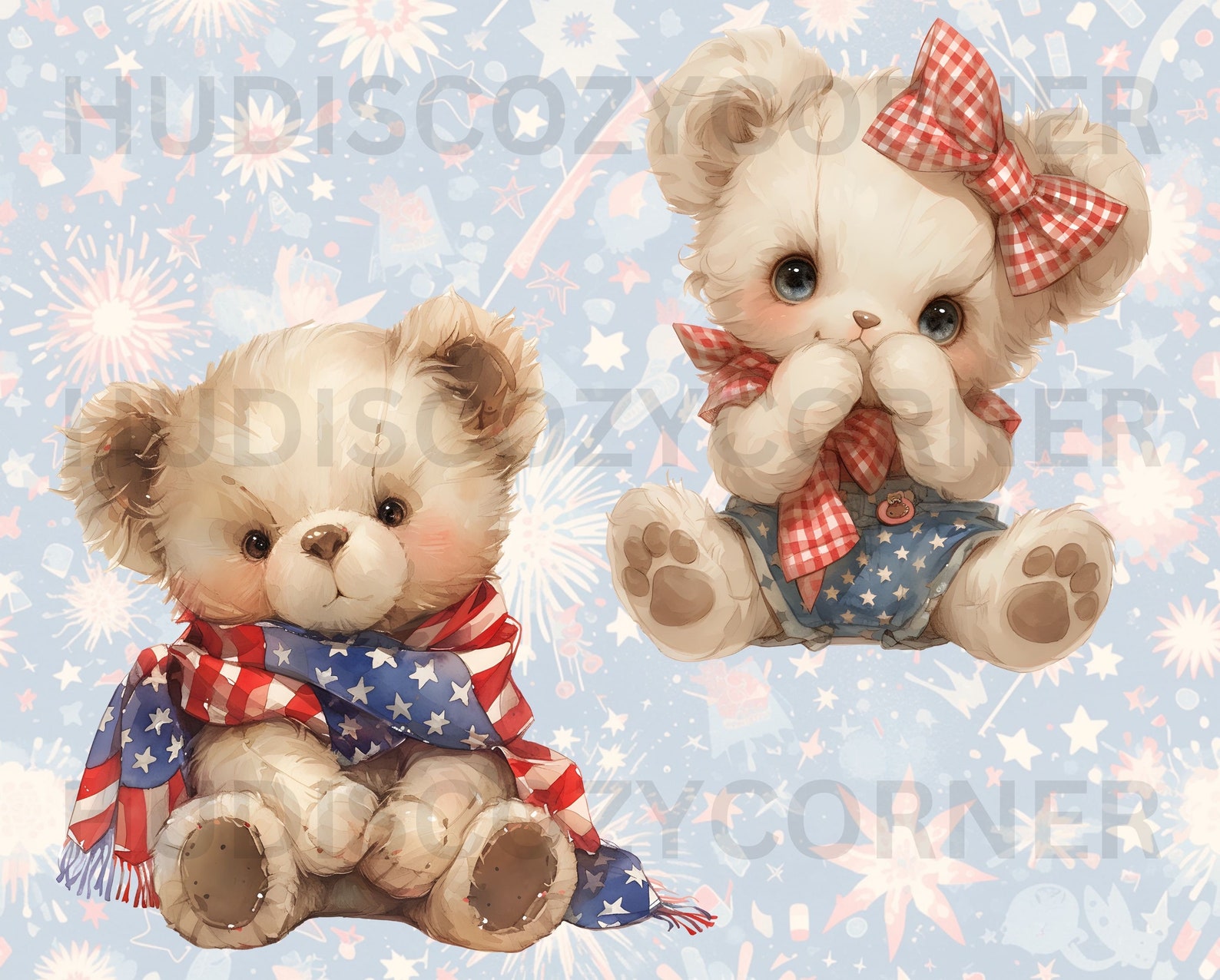 10 Cute 4th of July Teddy Bear Clipart Bundle, Watercolor Baby Bears ...